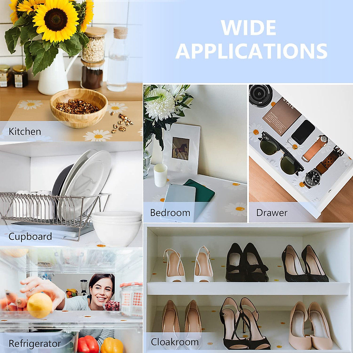 LLSPET Refrigerator Liners, Drawer Shelf Liner for Kitchen Cabinet, Non-Adhesive EVA Protection Mat Waterproof, Transparent Daisy Liners with Anti-Slip Dots (17.7IN,19.6 FT)