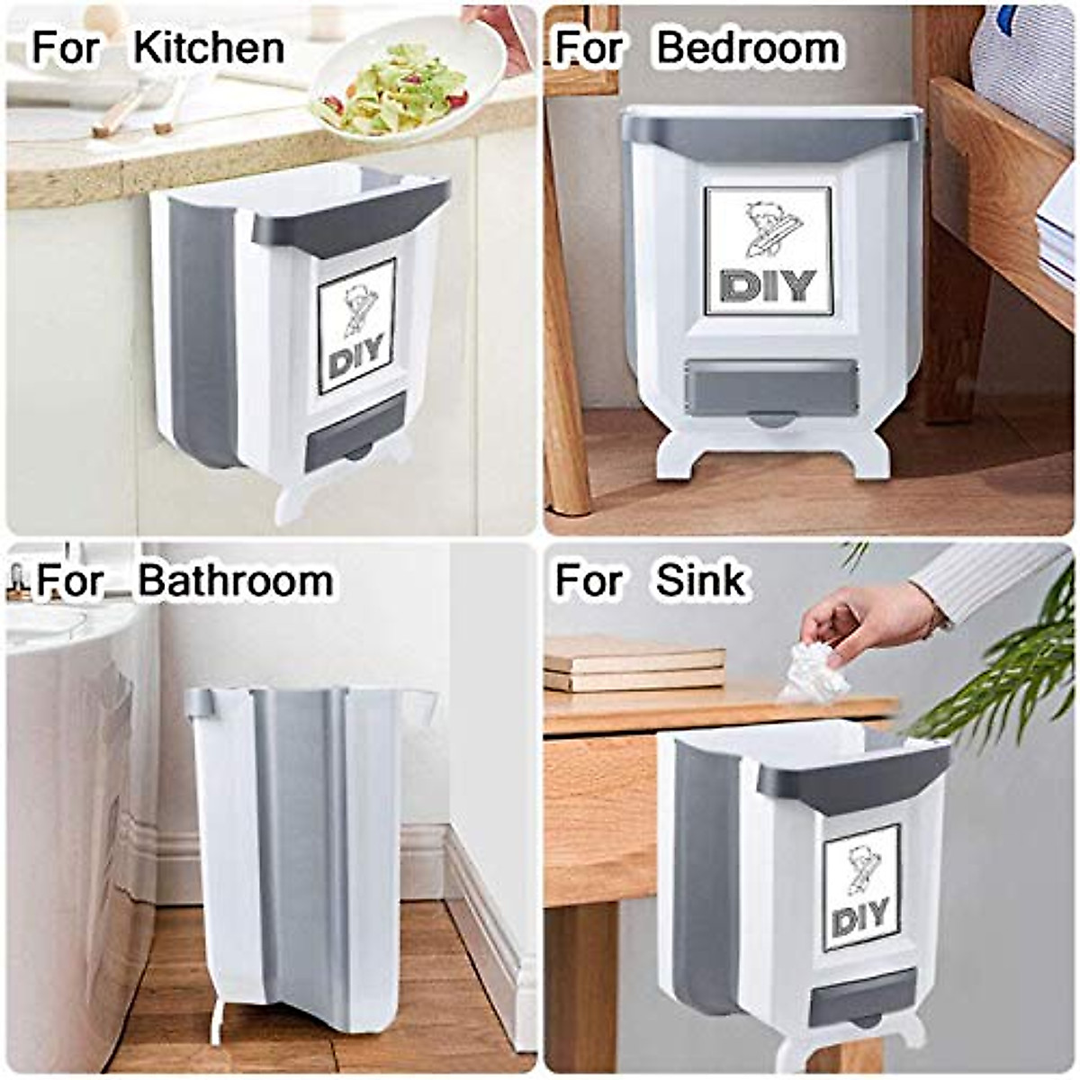 XIJING Small Hanging Kitchen Trash Can, Portable Mini Garbage Can and Collapsible Compact Trash Bin for Kitchen Cabinet Door Drawers, Room, Car, Bedroom Plastic Waste Bin - 9L/2.4 Gallon (White)