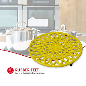 Home Basics Sunflower Collection, Heavy Duty Cast Iron Trivet, Elevated Base Kitchen Countertop & Dinning Room Table, (2, White)