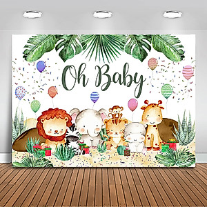 Mocsicka Oh Baby Backdrop 7x5ft Jungle Safari Animals Greenery Balloons Baby Shower Party Decorations Cute Cartoon Animals Gift Boxes Baby Shower Photography Background