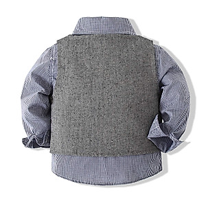 Xiangwu Textitle Baby Boy Gentleman Set with Dress Shirt+Bow Tie+Vest and Pants 3PC Set, Gray Plaid, 18-24 Months