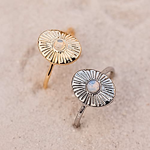 Pura Vida Ring Gold Plated Sun Ray Ring - Handmade Ring with Glass Opal Stone, Brass Base with Gold Plating - Gold Rings for Women, Cute Rings for Teen Girls, Boho Jewelry for Women - Size 7