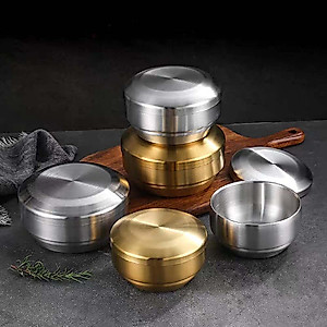 WDXIN Korean Stainless Steel Rice Bowl Traditional Metal Insulated Ramen Bowl with Lid,Round & Unbreakable Bibimbap Bowls(L-With lid,gold)