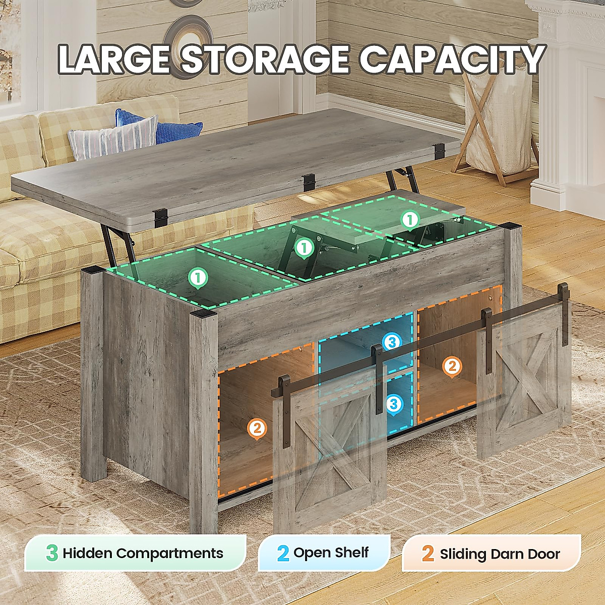 SEDETA Lift Top Coffee Table, 4 in 1 Multi-Function Convertible Coffee Tables with Storage and Hidden Compartment, Farmhouse Coffee Table Converts to Dining Table for Living Room, Grey