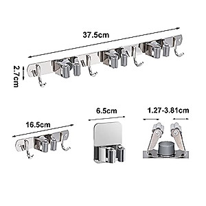 GDTOOLMMY Broom Holder Wall Mount, Stainless Steel Mop Holder Self Adhesive Durable Heavy Duty Broom Hanger Storage Rack for Home, Kitchen, Garden and Garage 5 Rack 4 Hooks(2pack)