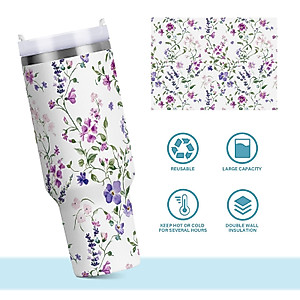 ALAZA Cute Flowers 40 oz Tumbler Water Bottle with Straw Lid and Handle,Reusable Insulated Stainless Steel Cup for Women Men Travel Car Cup Holder