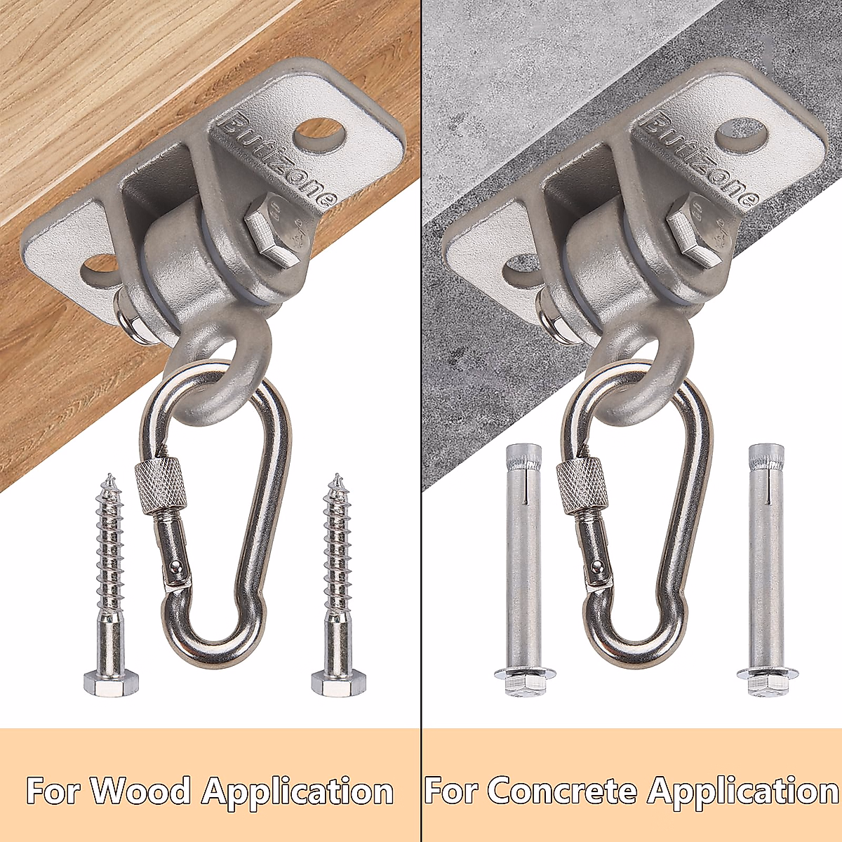 Butizone Heavy Duty Swing Hangers 304 Stainless Steel for Wooden Sets, Swing Hooks Screws Bolts with Snap Hooks for Playground, Porch, Swing Seat, Indoor Outdoor, Set of 2 (Mounting Hardware Included)