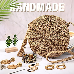 Beach Purse Earrings Set Straw Shoulder Bag Vacation Beach Purse with 4 Rattan Boho Tropical Earrings Leopard Bracelet Kit (Dark Color Round)