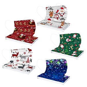 【50 Pack】 Christmas Disposable Face Mask for Women Men Adults, Cute Colors Print Design Breathable 3-Ply Full Face Protection (A - 50pack)