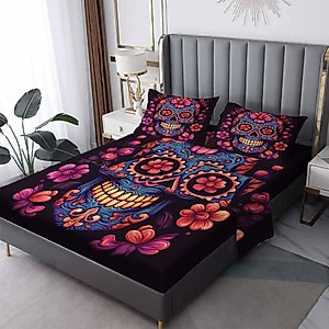 Sugar Skull Sheets Twin Size, Day of The Dead Bed Sheets, Patterned Bedding Sheets & Pillowcases 3 Piece Set - Soft Microfiber Deep Pocket Fitted Sheet & Flat Sheet & Pillow Case Z3-&-160