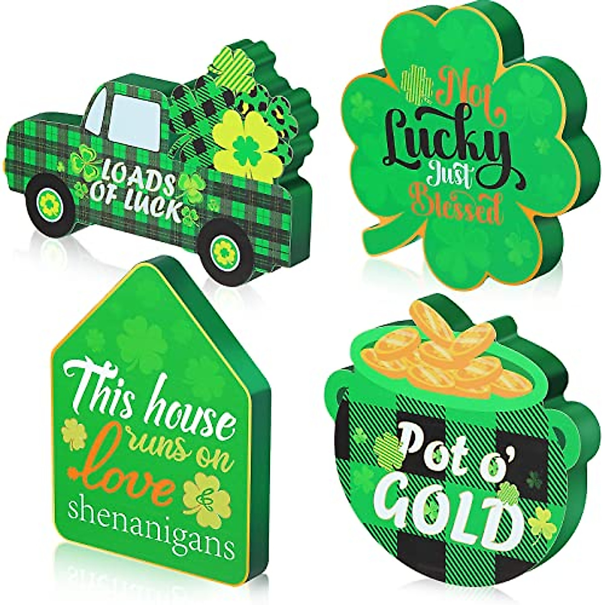 4 Pcs St. Patrick's Day Table Wooden Signs House Pot Truck Lucky Shamrock Wooden Signs Buffalo Plaid Freestanding Irish Decor for St Patricks Day Tiered Tray Desk Office Home Party Decor, 4 Styles