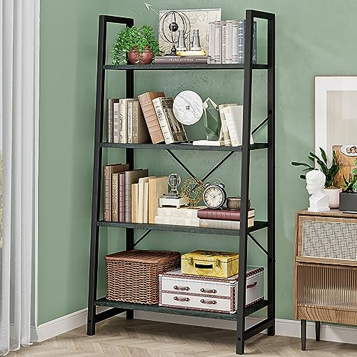 SORCEDAS Book Shelf 4-Tier Bookcase Tall Bookshelf Industrial Ladder Shelf Storage Organizer for Bedroom,Living Room (Black)