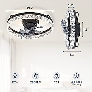 LEDIARY 20 Inch Modern Ceiling Fans with Lights and Remote, Oscillating Low Profile Ceiling Fan, Flush Mount Bladeless LED Ceiling Fan, Dimmable, Stepless Color Changeable, 6 Wind Speeds - Black