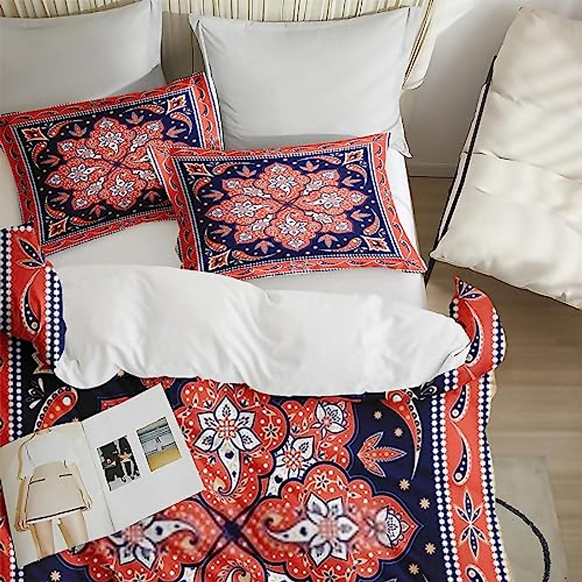 Duvet Cover Queen Size, Paisley Mandala Floral Vintage Bedding Set with Zipper Closure for Kids and Adults, Woman Red Bohemian Comforter Cover with 2 Pillow Shams for Bedroom Bed Decor