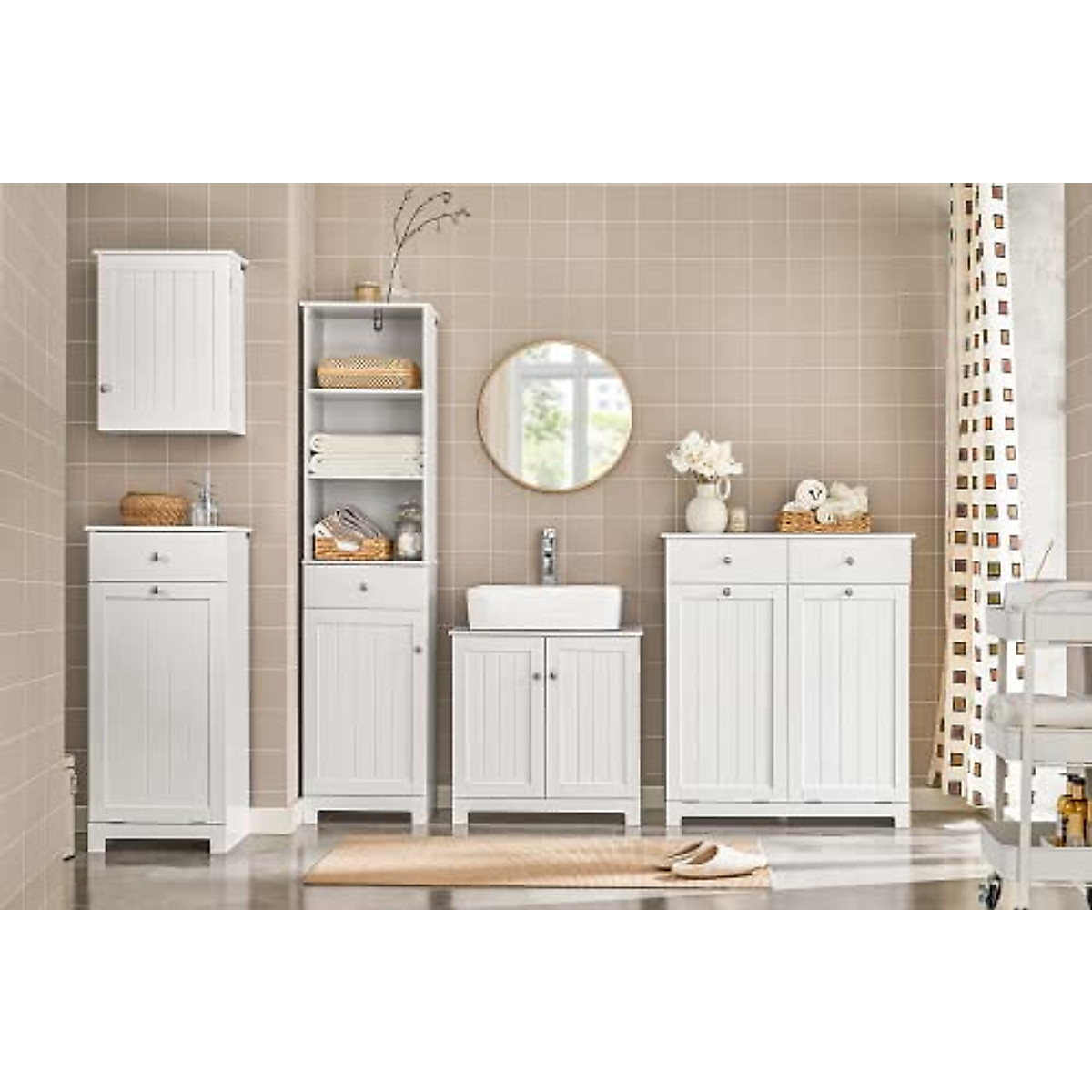 Haotian BZR21-W, White Bathroom Laundry Cabinet with Basket, Tilt-Out Laundry Hamper, Bathroom Storage Cabinet Unit with Drawer, 15.7"x15"x35.4"