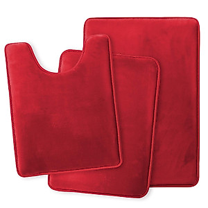 Clara Clark Memory Foam Bath Mat Set Non Slip Absorbent Velvet - Fast Drying Bath Mats Bathroom Rug and Contour Rug Set 3 Piece - 20 x 32-17 x 24-19 x 24, Red