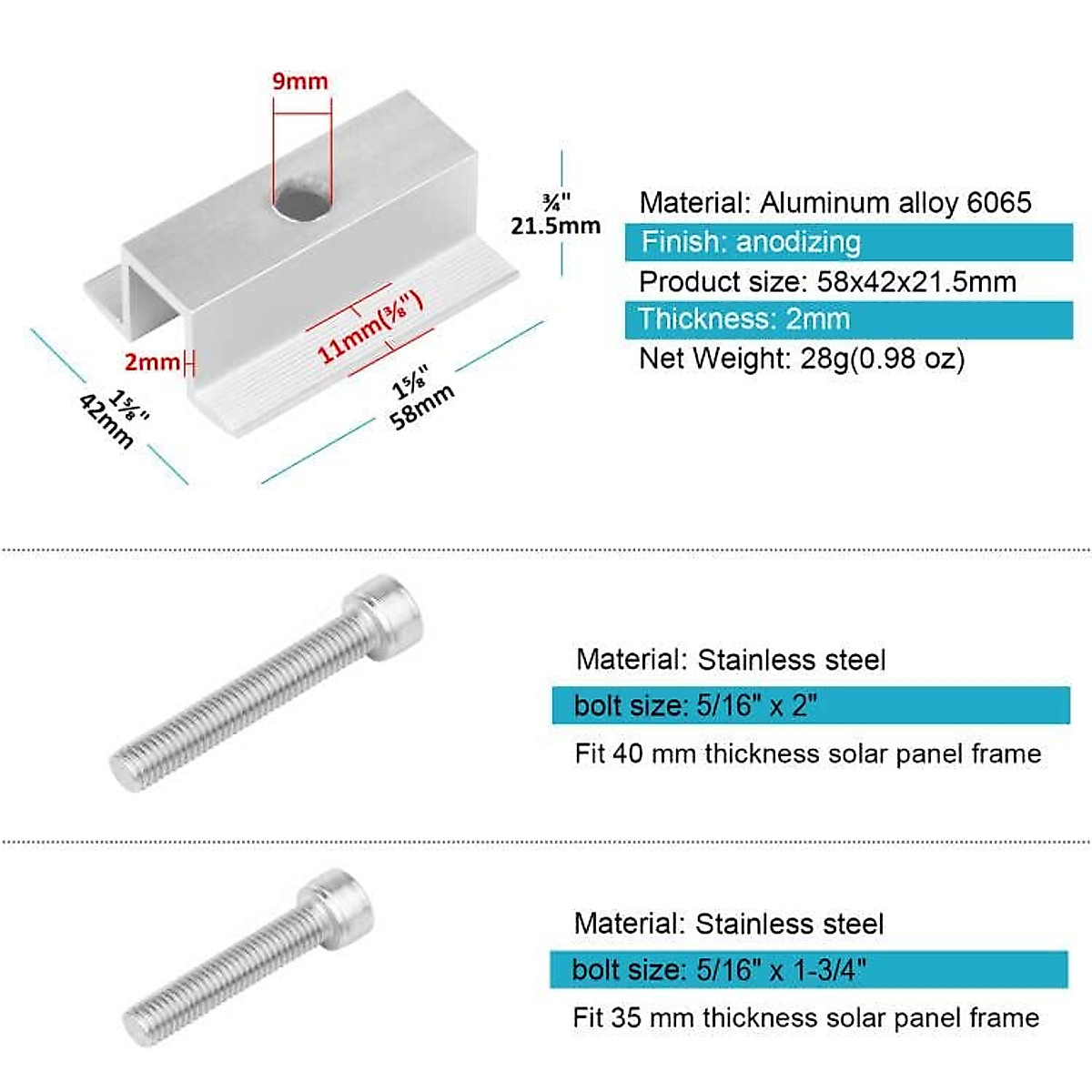20 PCS Solar Panel Mount Mid Clamps, PV Panel Bracket Aluminum Mounting Accessories Support with Bolts