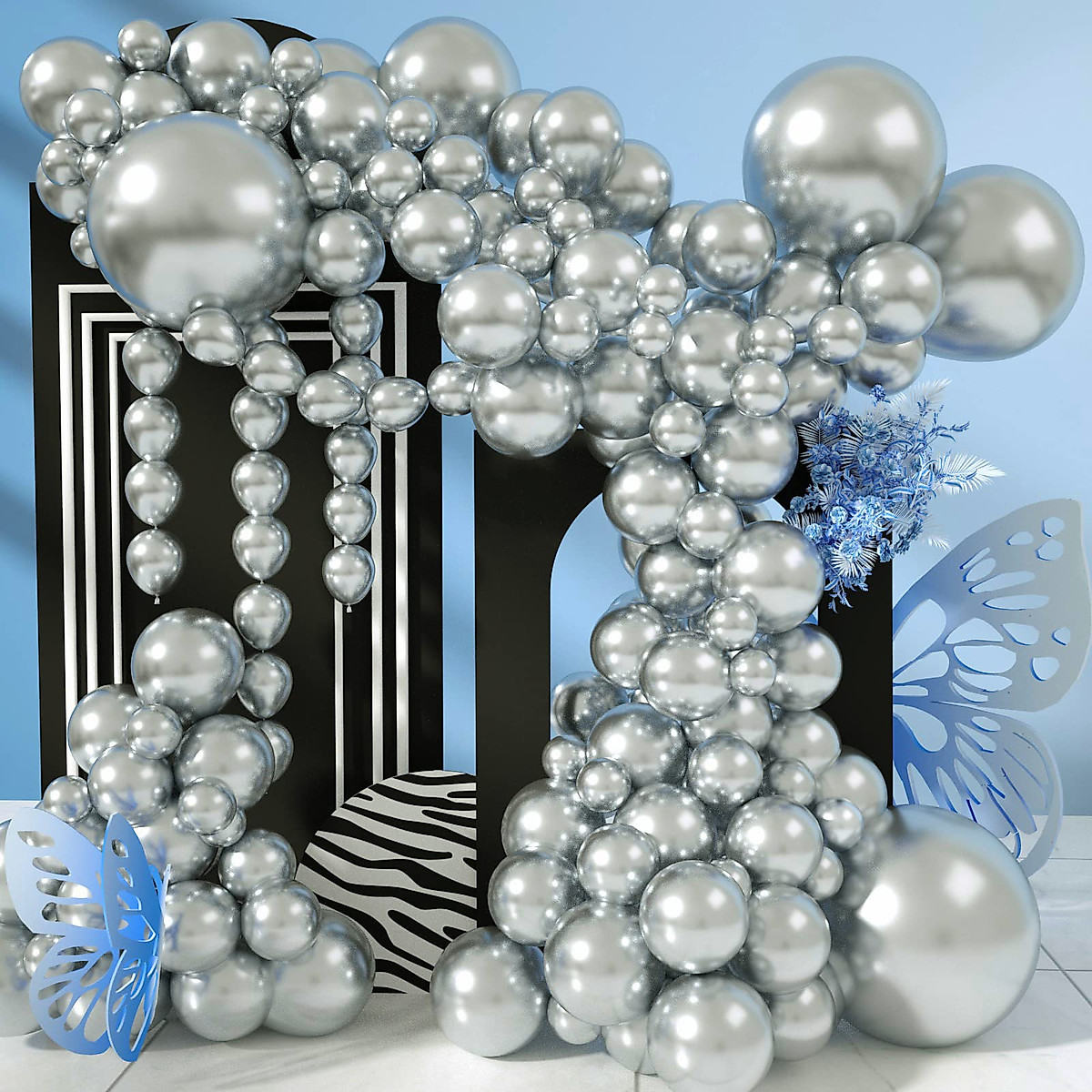 MOMOHOO 130PCS Silver Balloons Different Size, 5 10 12 18 Inch Metallic Silver Balloons Garland Kit Chrome Latex Balloons for Weddings, Anniversary, Celebration Party Decoration.
