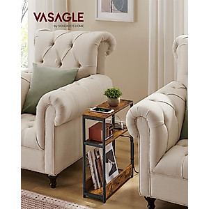VASAGLE Side Table with Charging Station, Narrow End Table, 3-Tier Nightstand, Sofa Table for Small Spaces, Magazine Rack, for Living Room, Bedroom, Study, Rustic Brown and Ink Black ULET335K01