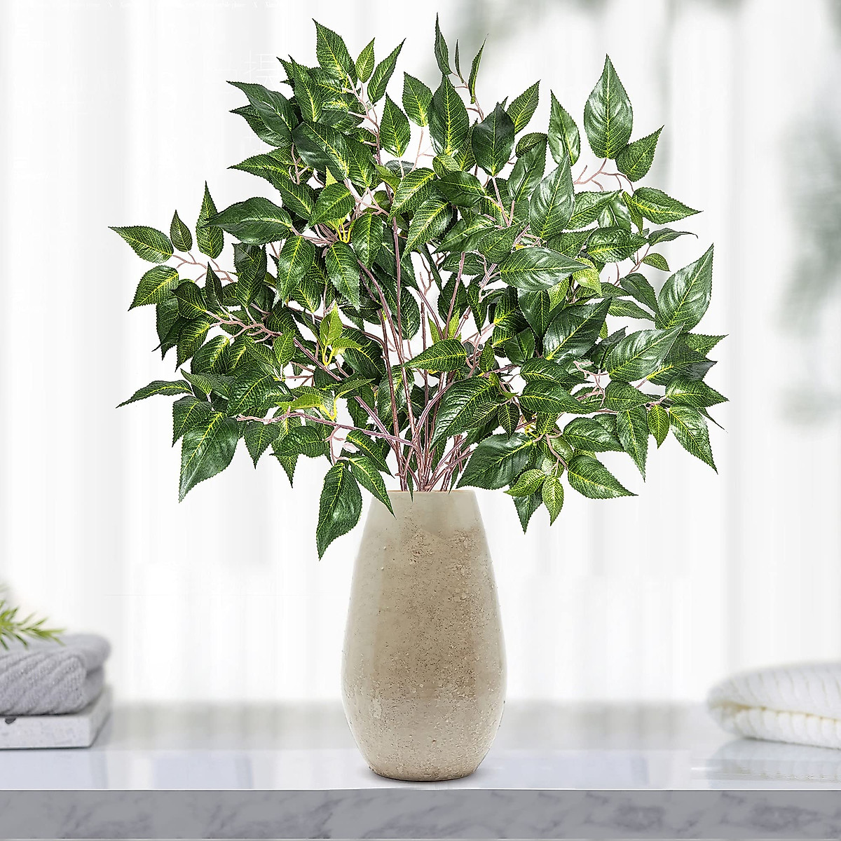 Grand Verde Ficus Tree Branches Artificial Greenery Bulk Faux Plants Green Silk Leaves 23” Long Stems DIY Home Decor Indoor Outdoor, 4pcs