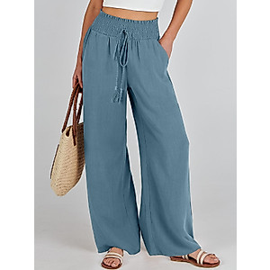 ANRABESS Women's Linen Pants Summer Casual Palazzo Beach Pant Drawstring High Waist Wide Leg Trousers Vacation Outfits Small Lake Blue