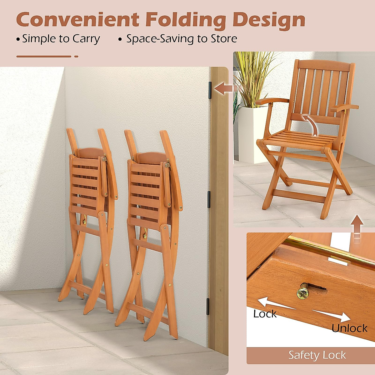 Tangkula Patio Wood Folding Chair Set of 2, Outdoor Eucalyptus Wood Dining Chairs w/Armrests & Slatted Seat, for Backyard, Porch, Poolside, Lawn, Garden, Load up to 400 LBS (1, Natural)