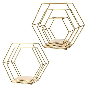 Wall Mounted Hexagonal Floating Shelves Set of 5 in Different Sizes, Modern Metal Wall Shelf, Simple Wood Partition Storage Shelves, Gold Wall Decor Rack for Bedroom, Living Room, Kitchen and Office
