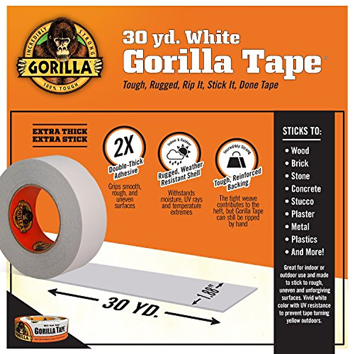 Gorilla Tape, White Duct Tape, 1.88" x 30 yd, White, (Pack of 1)