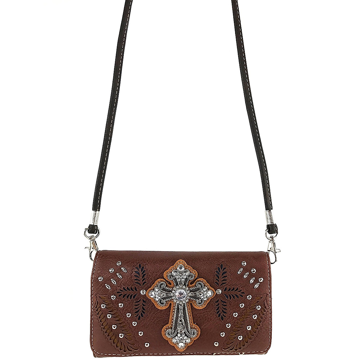 Justin West Laser Cut Rhinestone Cross Design Studded Tooled Wristlet Trifold Wallet Attachable Long Strap (Brown)