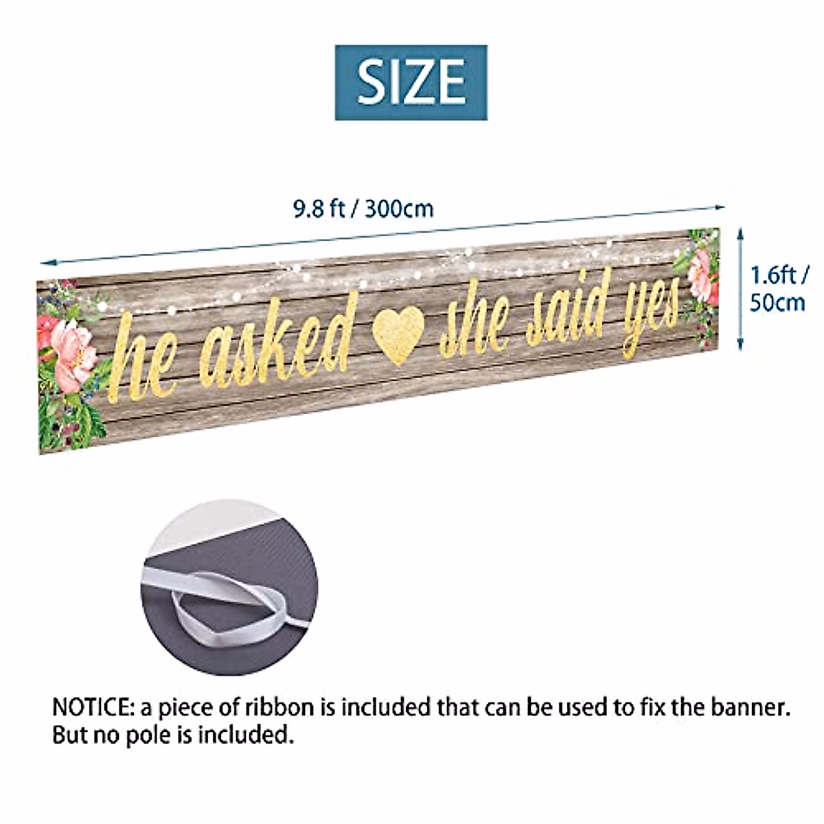 He Asked She Said Yes Backdrop Banner Decorations, Large Wedding Engagement Party Sign Supplies, Bridal Shower Photo Booth Props Décor (9.8x1.6ft)