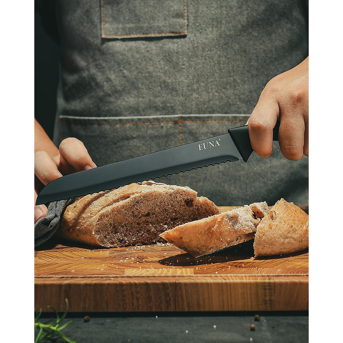 EUNA Kitchen Knife Set, 19 PCS Black Knife Set with Acrylic Block and Sharpener, German High-Carbon Stainless Steel Knife Sets with 6 Serrated Steak Knives, Bread Knife, Chef Knife, Dishwasher Safe