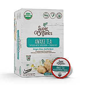 Super Organics Awake Black Tea Pods With Superfoods & Probiotics Keurig K-Cup Compatible Energy, Revitalizing, Refreshing Tea USDA Certified Organic, Vegan, Non-GMO, Natural & Delicious, 10ct