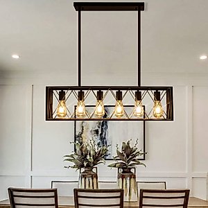 Pretoy Kitchen Island Pendant Lighting 6-Light Black Metal Industrial Bar Chandelier Fixtures Vintage Hanging Farmhouse Rectangle Linear Chandelier for Dining Room Living Room