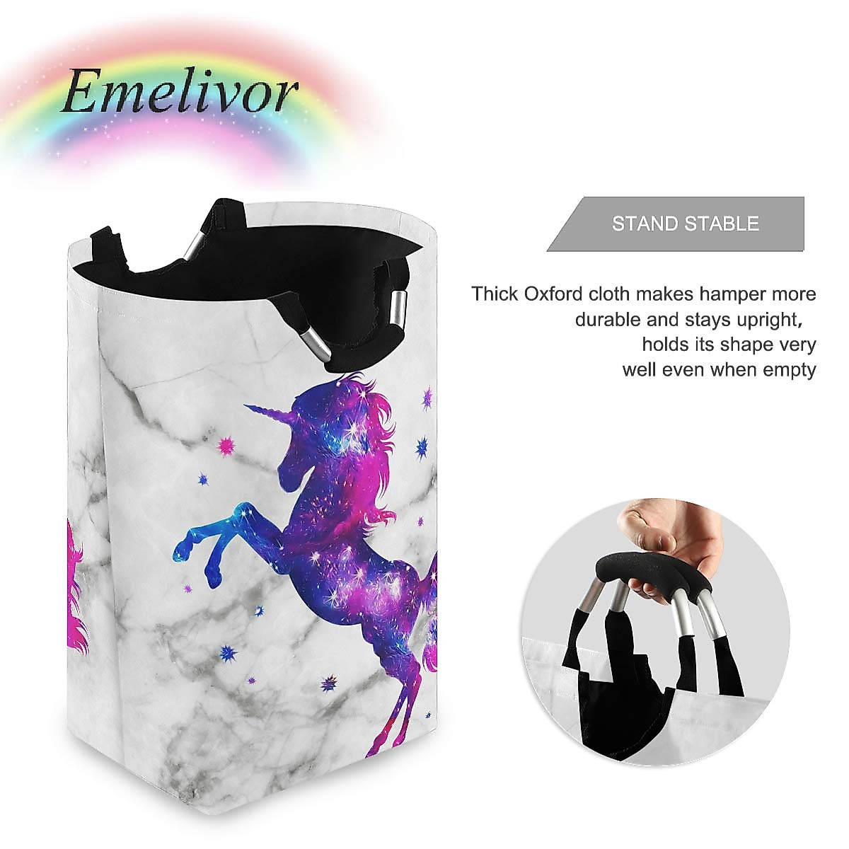 Emelivor Laundry Baskets with Handles - White Marble Galaxy Unicorn Large Laundry Hamper Collapsible Waterproof Laundry Storage Basket for Home Nursery