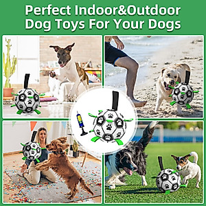 QDAN Dog Soccer Balls Toy with Bell Inside, Outdoor Interactive Dog Toys for Tug of War, Puppy Birthday Gifts, Dog Water Toy, Durable Ropes Squeaky Soccer Dog Ball for Medium and Large Dogs （8 INCH）