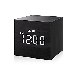 JALL Digital Alarm Clock, with Wooden Electronic LED Time Display, Dual Alarm, 2.5-inch Cubic Small Mini Wood Made Electric Clocks for Bedroom, Bedside, Desk, Black