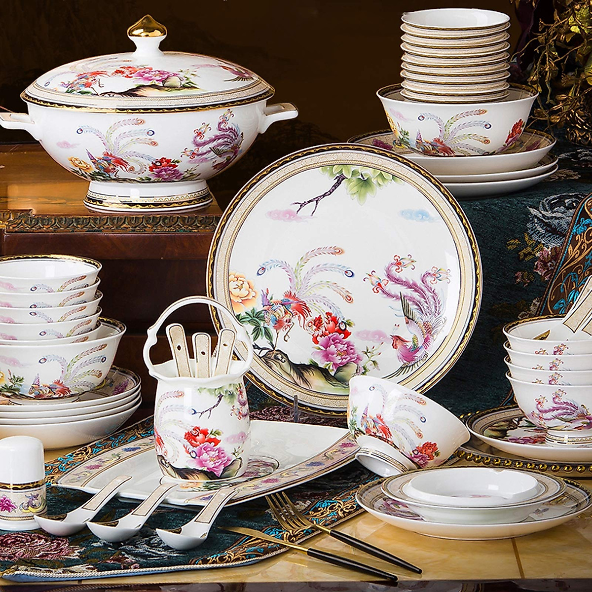 Classic Pottery Tableware,Ceramics Dinnerware Set, High-end Enamel Porcelain Soup Pot/Plate/Bowl | 50 Pieces Bone China Dinner Sets for Family Gathering and Wedding Gifts