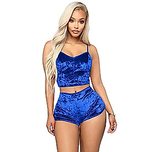Women Velvet Outfit Adjustable Spaghetti Strap Crop Top Camisole Shorts Pajamas Set Sexy 2 Pieces Sleeveless Lingerie Party Pjs Sleepwear Bodycon Nightwear Lounge Wear Bright Blue Large