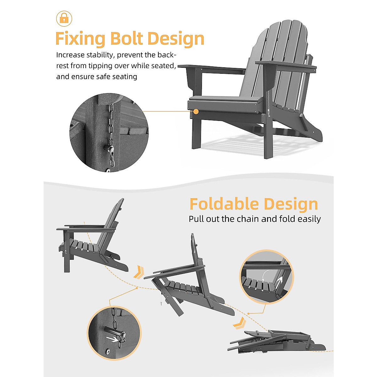 Folding Adirondack Chair - Durable HDPE Poly Lumber All-Weather Resistant, Foldable Oversized Balcony Porch Patio Outdoor Chair for Lawn, Backyard, Deck, Garden, Camping - Easy Installation, Gray