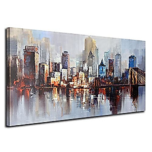 Arjun Brooklyn Bridge Wall Art Modern New York Abstract Canvas Cityscape Painting Large Framed, Colorful NYC Skyline Textured Picture for Living Room Bedroom Home Office Decor 60"x30" Original Design