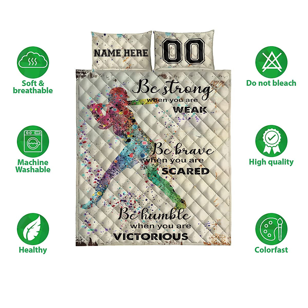 OhaPrints Custom Softball Girl Batter Watercolor Personalized Name Number Quilt Blanket & Pillowcases, Bedding Set & Pillow Cover, King Queen Double Twin Throw Full Size Bedspread Bed