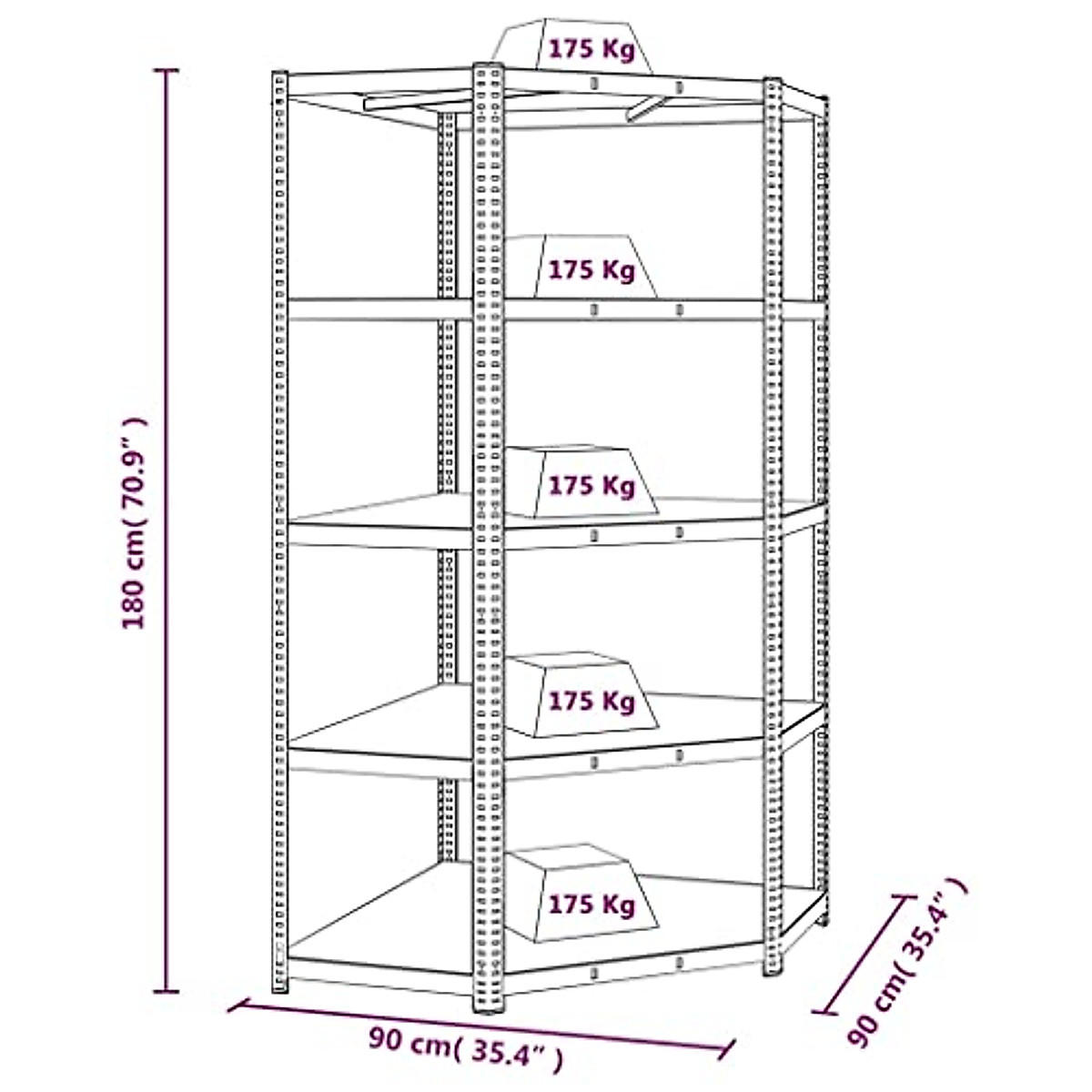 vidaXL 5-Layer Heavy-Duty Corner Shelf Home Indoor Warehouse Workshop Storage Shelf Industrial Shelving Rack Unit Gray Steel and Engineered Wood