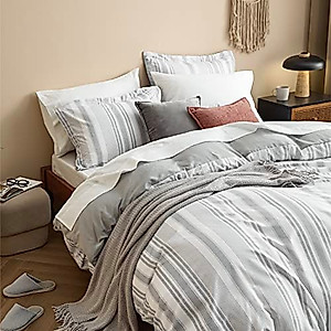 Bedsure Duvet Cover Queen Size - Reversible Striped Duvet Cover Set with Zipper Closure, Grey Bedding Set, 3 Pieces, 1 Duvet Cover 90"x90" with 8 Corner Ties and 2 Pillow Shams 20"x26"