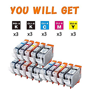 15-Pack Compatible PGI5 CLI8 PGI-5 CLI-8 Ink Cartridge Used for Canon PIXMA IP4300 IP4500 IP5200 IP6600D MP600 Pro9000 Printer (3X Big BK, 3X Small BK, 3X Cyan, 3X Magenta, 3X Yellow), by EasyPrint