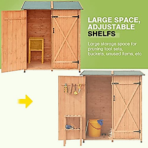 MELLCOM 63“ Wood Storage Shed, Outdoor Garden Shed with Wood Stool and Double Lockable Doors, Weather Resistant Tool Shed Organizer for Patio, Garden, Backyard, Lawn