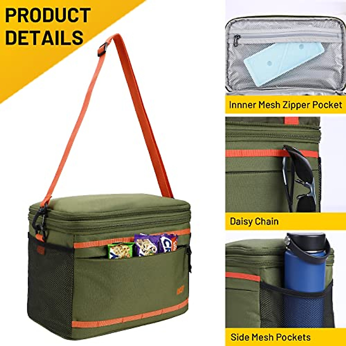 MIER Small Insulated Lunch Bags 12-Can Lunchbox Cooler Totes with Collapsible Expandable Compartment for Work Day-Trip Beach Grocery (Army Green/Orange)