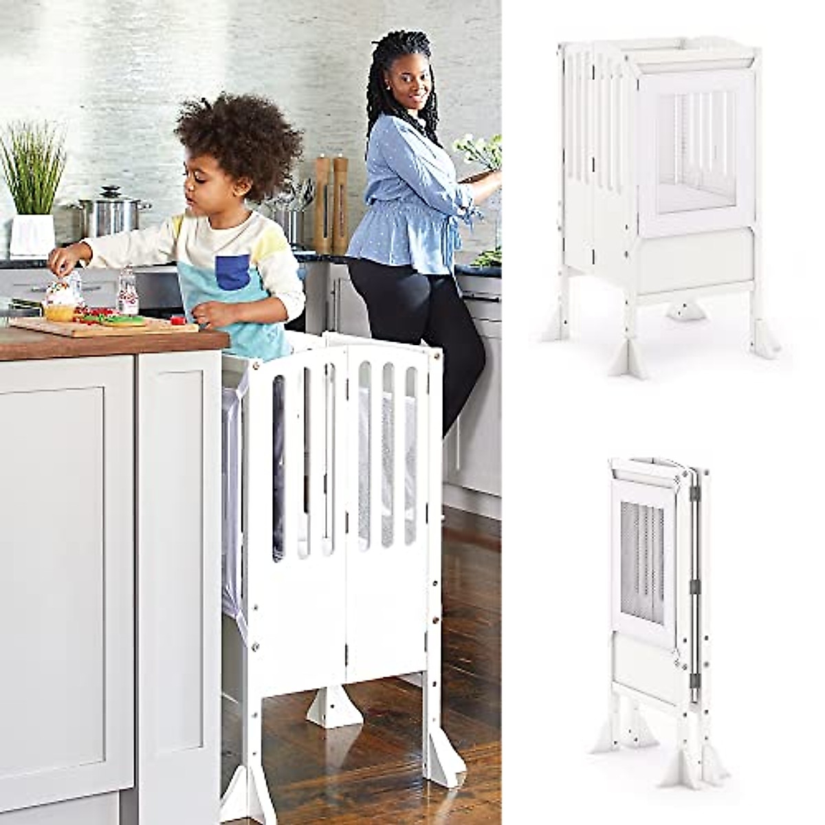 Guidecraft Contemporary Kitchen Helper® Stool and 2 Keepers - White: Wooden, Adjustable Height, Safety Folding Tower for Toddlers