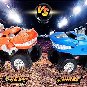 Dinosaur Monster Trucks - 2 Battery Operated Toddler Truck Car Toys, Lights & Sounds - Roaring T-Rex, Dinosaur Shark Kids Toys for Boys & Girls