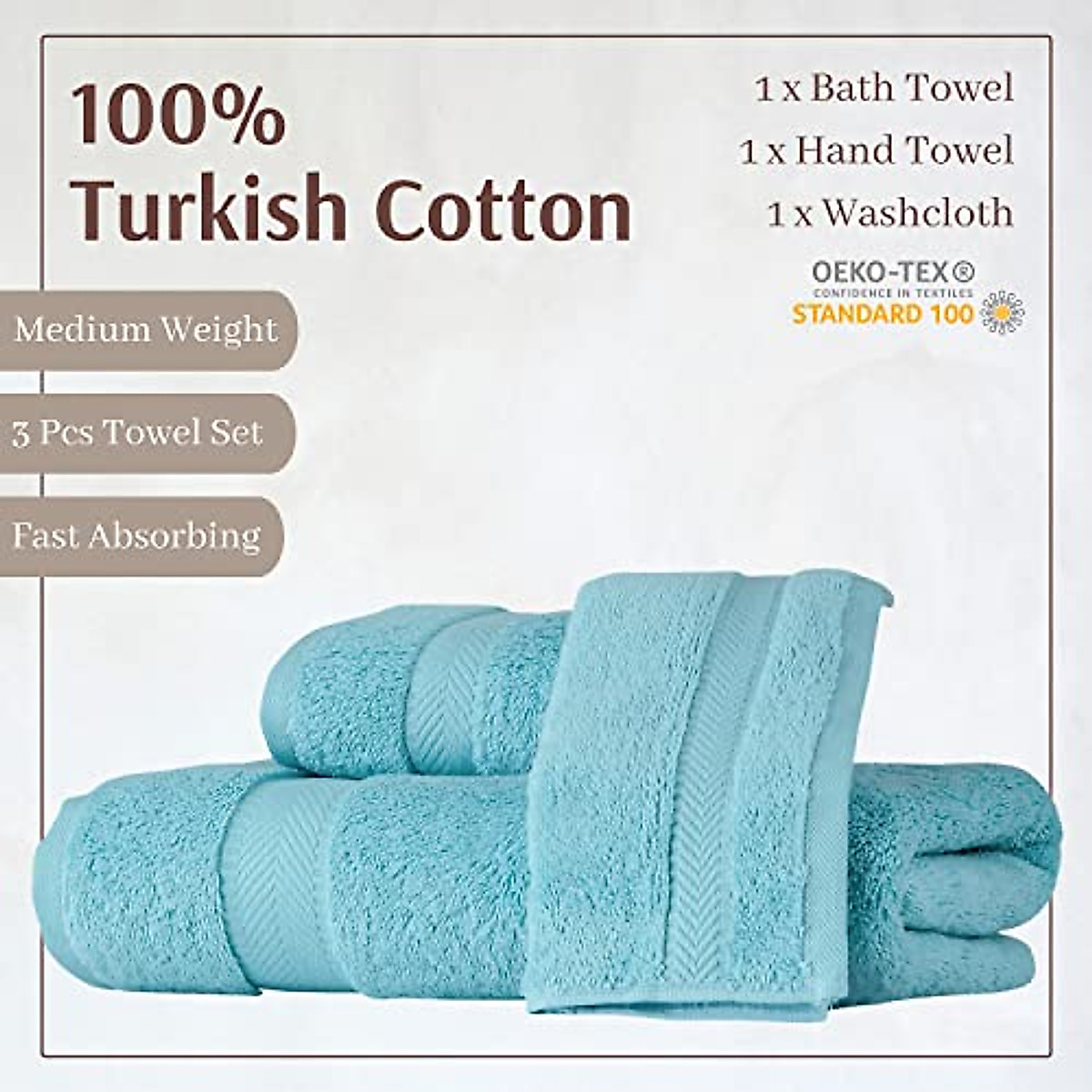 TEXTILOM 100% Turkish Cotton 3 Pcs Bath Towel Set, Luxury Bath Towels for Bathroom, Soft & Absorbent Bathroom Towels Set ( 1 Bath Towel, 1 Hand Towel, 1 Washcloth )- Aqua