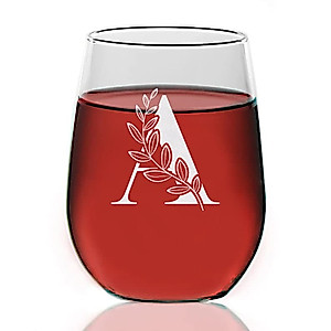 Floral Monogram ' A ' Wine Glass - Letter A-Z Engraved - Stemless Wine Glass - Gifts For Dad - Mother's Day - Gift For Mom - Gifts For Coworkers